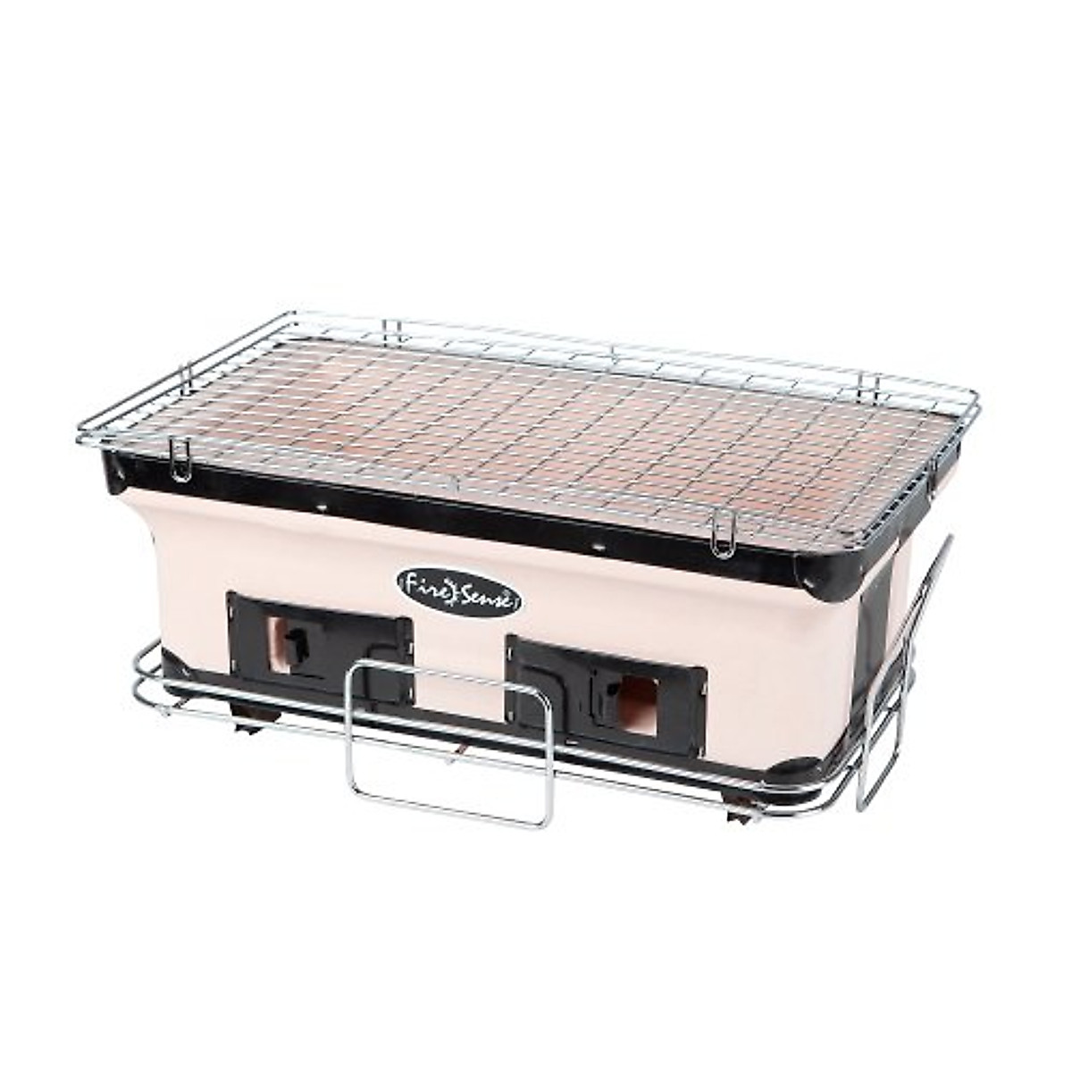 Fire Sense 60450 Yakatori Internal Grates Charcoal Chrome Cooking Grill Japanese Table BBQ Handmade Using Clay Adjustable Ventilation For Outdoor Barbecues Camping Traveling - Large - Tan