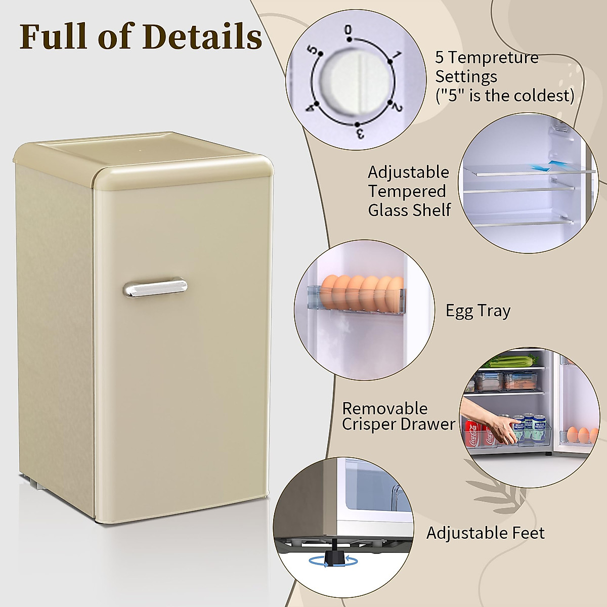 rosmena Retro Mini Fridge for Bedroom, 3.5 Cu.Ft Mini Fridge with Freezer, Mini Dorm Fridge with Thermostat Control, Small Fridge for Bedroom, Office, Dorm, Kitchen, Living Room(Gold)