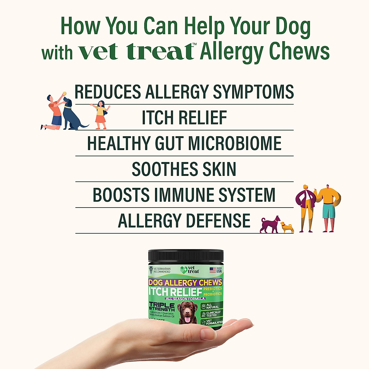 Vet Treat - Dog Allergy Relief Chews -Made in USA- Probiotics & Salmon Oil - Itch Relief, Hot Spots, Dry Skin, Seasonal Allergy - Anti Itch Skin & Coat Supplement for Dogs - 120 Soft Treats (Chicken)