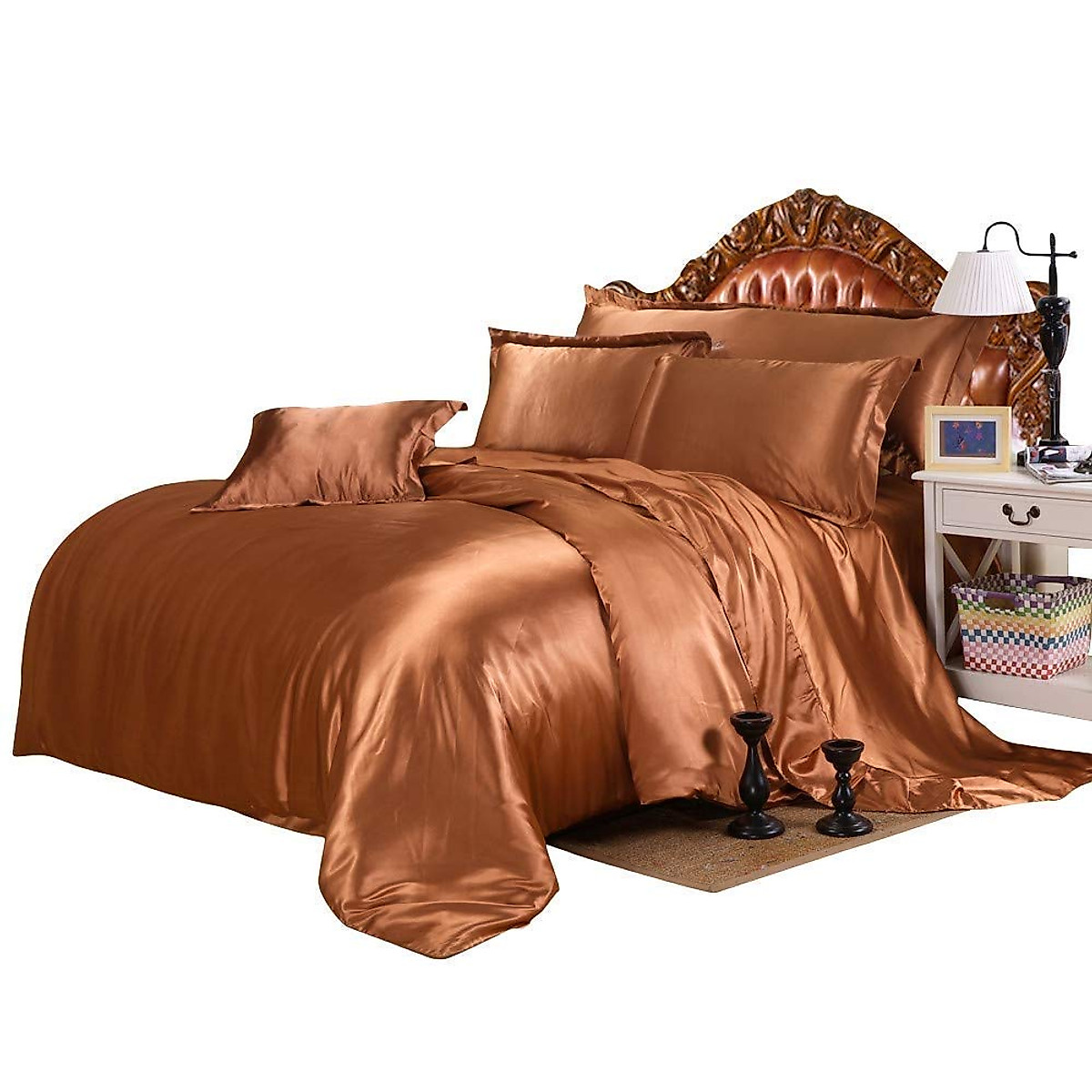 Versatile Bedding Queen Taupe Washed Soft Silky Satin, 4-Piece Bed Sheet Set (1 Zipper Closure Duvet Cover, 1 Fitted Sheet 21" Deep and 2 Pillowcase) Duvet Set - 4 PCs Duvet Cover Set