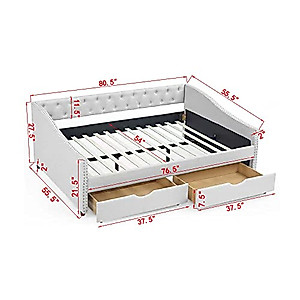 YUNLife Full Size Upholstered Daybed with Two Storage Drawers,Full Polyester Sofa Bed Storage Daybed Frame with Button on Back and Copper Nail on Waved Shape Arms for Bedroom Guest Room