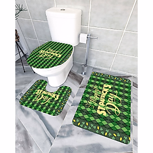 Bath Rugs for Bathroom Set 3 Piece St. Patrick's Day Green Diamond Plaid Lucky Shamrocks Clovers Non-Slip Washable Memory Foam Absorbent Bath Mat Rugs,U-Shaped Toilet Floor Mats,Toilet Lid Cover