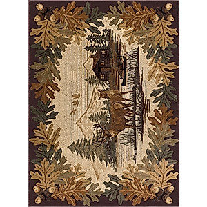 Oak Deer Brown 5x7 Area Rug Cabin for Living Room - Bedroom or DiningRoom - Lodge, Novelty Deer Syle Farmhouse Rugs & Rustic Indoor Carpet