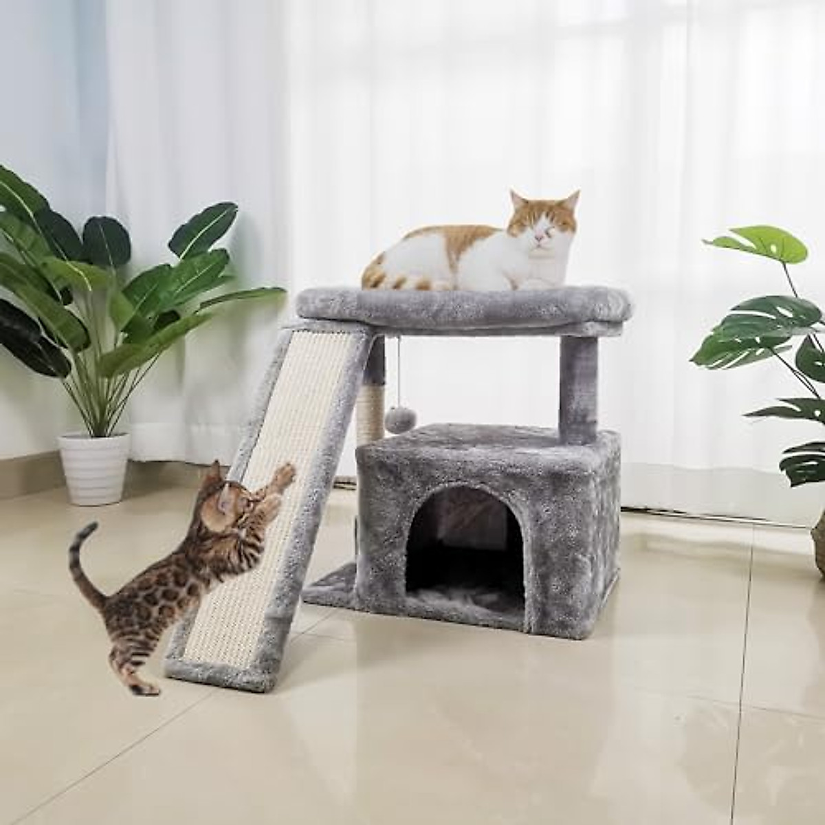 SIYIPURR Small Cat Tree for Indoor Cats，Cat Tower with Cat Scratching Post and Board，Cat House with Cat Perch for Kitten, Cat Condo,Stable Cat Stand (Light Grey)