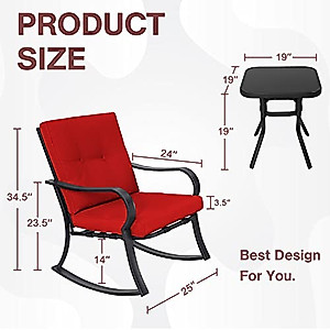 Omelaza 3 Pieces Outdoor Rocking Bistro Set, Patio Steel Furniture, Porch Chairs Conversation Set with Thickened Cushion and Glass Top Coffee Table (Red)