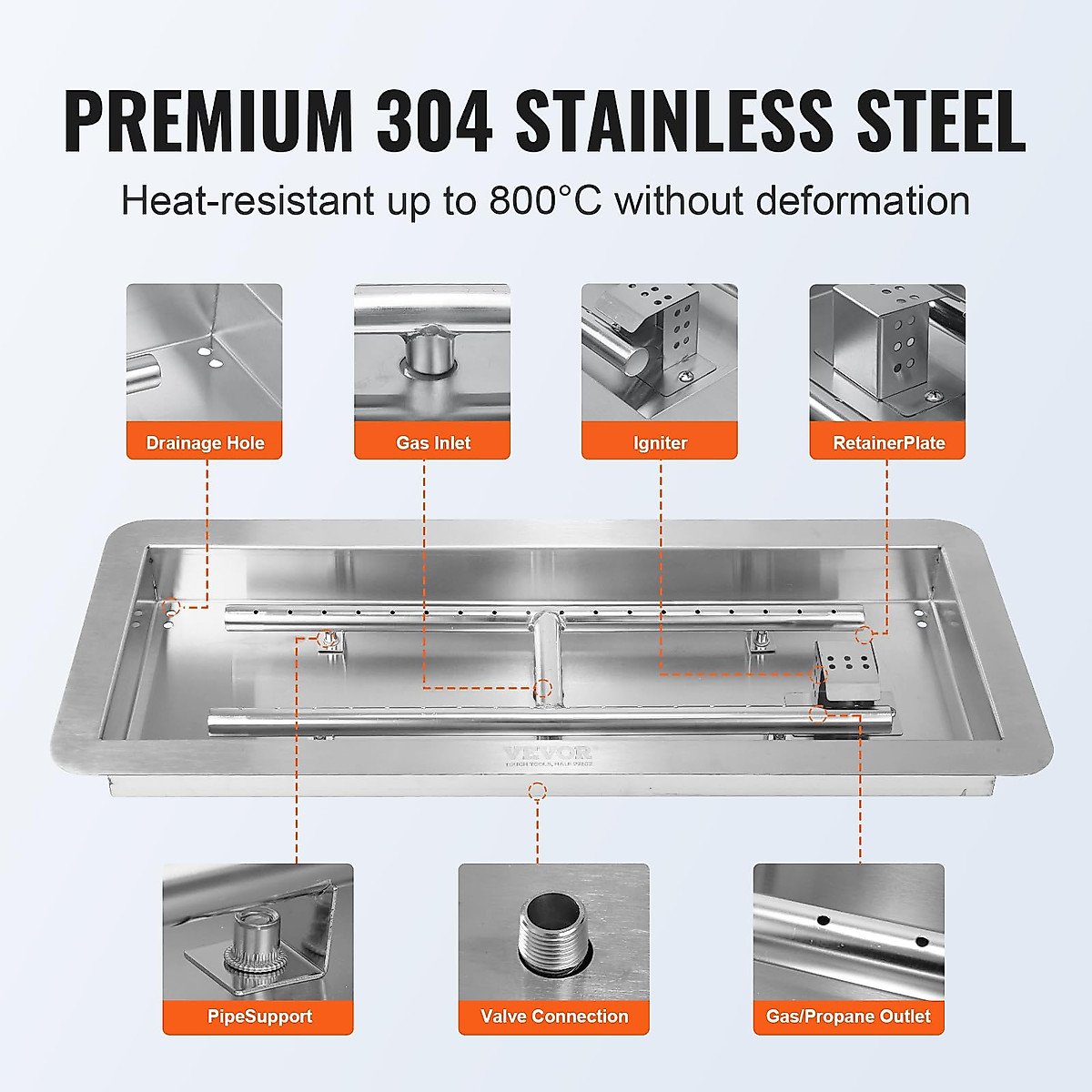 VEVOR 30 x 10 inch Drop-in Fire Pit Pan, Rectangular Stainless Steel Fire Pit Burner Kit,Propane Gas Fire Pan 125,000 BTU with H-Burner for Indoor or Outdoor Use