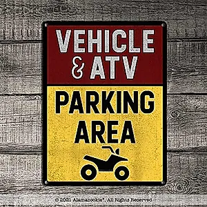 Vehicle & ATV Parking Area, 8.5 x 11.5 Inch Aluminum Yard Sign with Weathered Look, for Owners of ORVs, UTVs, Trucks, Cars, Side by Sides, Dune Buggies, Motorcycles AL-0912-RK3305_Center