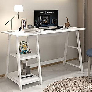 Natwind 47" White Desk Home Office Computer Working Kid Student Study Table with 2-Tier Storage Bookshelves Modern Simple Study Laptop Writing Elegant Style Desk Workstation for Office Home （White）