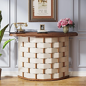 Tribesigns Half Moon Console Table for Entryway, 47-Inch Vintage Semi Circle Sofa Table with Woven Leather Base, Modern Accent Table for Living Room, Hallway, Foyer, Entrance