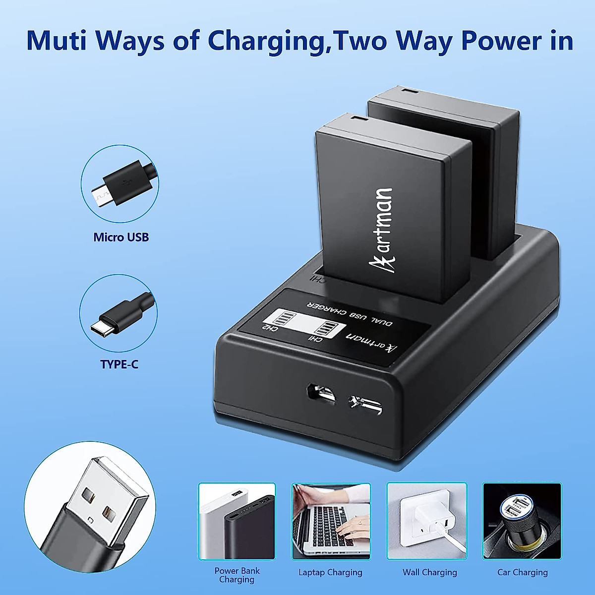 Artman NP-W126 NP-W126S Battery and LCD Dual Charger for Fujifilm X100V, X100VI, X100F, X-T100, X-T200, X-T1, X-T2, X-T3, X-T10, X-T20, X-T30 II, X-S10, X-A5, X-A10, X-E4, X-Pro2, X-Pro3 (2-Pack)