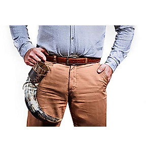 Norse Tradesman 20" Authentic Ox-Horn Viking Drinking Horn with Genuine Black Leather Belt Holster | Burlap Gift Sack Included | The Journeyman, Low-Polish, 20-Inch