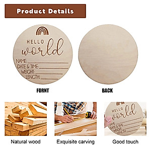 Rainbow Wooden Baby Announcement Sign Hello World Newborn Gift Share Baby's Birth Information Customizable Keepsake 10CM Diameter, 0.25CM Thick Wood Material
