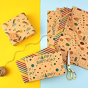 PlandRichW Birthday Wrapping Paper for Kids Girls Women Boys Men,12 Sheets Kraft Brown Recycled Gift Wrapping Paper 4 Styles of ''Happy Birthday'' Balloon Rainbow Stars Precut 20" X 29" Folded