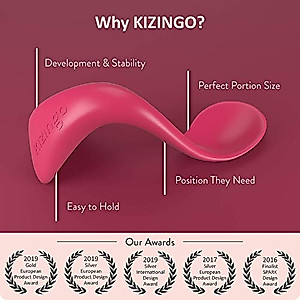 Kizingo Right-Handed Curved Baby Spoons for Toddler Self Feeding (2-Pack, Pink Raspberry and Mint Green)
