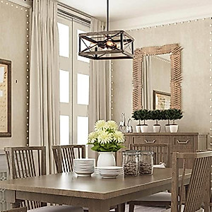 LNC Farmhouse Chandelier, Rustic Wood Cage Square Light Fixture for Dining & Living Room, Bedroom, Foyer, Entryway and Kitchen Island,Brown