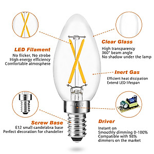 AIELIT Vintage LED Candelabra Bulbs 25W Equivalent, Warm White 2700K, E12 LED Light Bulb Dimmable, 200 Lumens, Clear Glass, 2W B11/B10/C35 Edison Torpedo Filament Bulb for Ceiling Fans, 4-Pack
