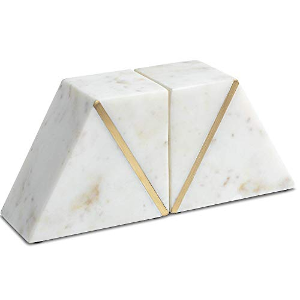 Cork & Mill Marble Bookends - Set of 2 Heavy Decorative Book Stoppers with Non-Skid Bottom - Handcrafted Solid Marble Bookshelf Decor (White + Brass)