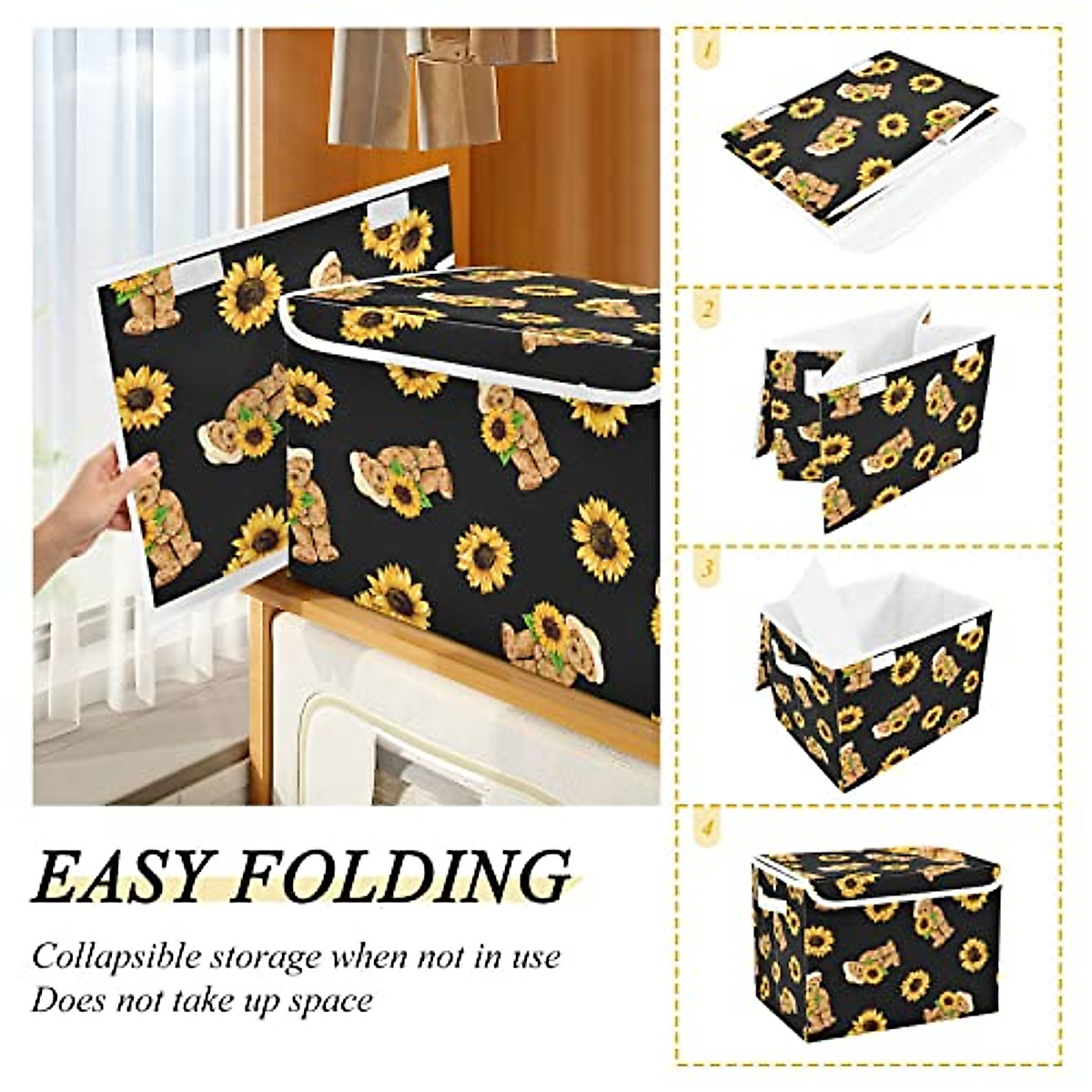 innewgogo Cute Bear and Sunflower Storage Bins with Lids for Organizing Decorative Callapsible Storage Basket with Handles Oxford Cloth Storage Cube Box for Clothes