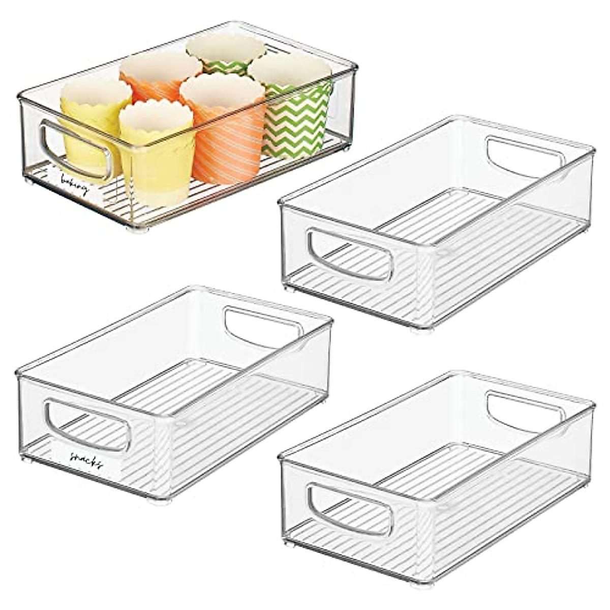 mDesign Plastic Kitchen Bins with Handles and Preprinted Cursive Food Labels Combo Set for Organizing Pantry, Kitchen, Shelves, or Counter, Includes 4 Clear Bins and 120 White Labels with Black Text
