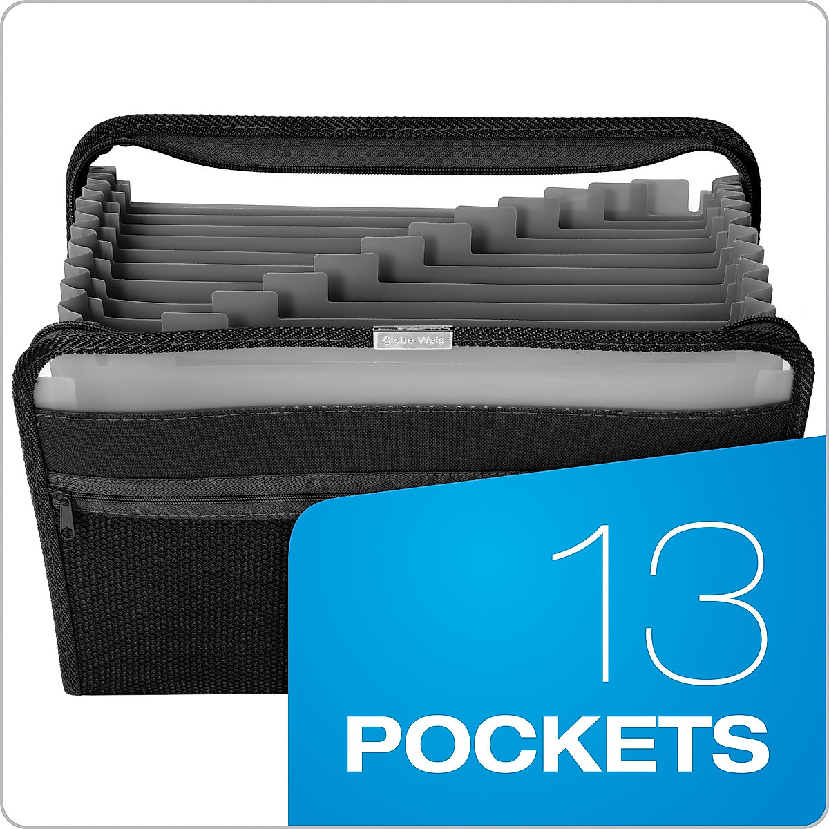 Globe-Weis Pendaflex 13-Pocket Fabric/Poly Expanding Zip File, A-Z, Monthly & Blank Adhesive Labels, Letter Size, Black Fabric Cover, Poly Dividers (84087BLK)