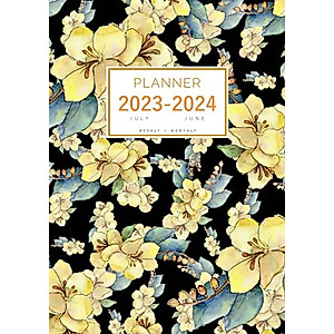 Planner July 2023-2024 June: A4 Weekly and Monthly Organizer | Watercolor Botanical Flower Design Black