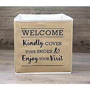 Premium Linen Look Foldable Shoe Cover Bin, Indoor Real Estate Bootie Box, Open House Supply with 10 Pack Shoe Covers and a Please Use Shoe Covers, Double Sided, Door Hanger (Linen Bin with 10 Pack Shoe Covers)