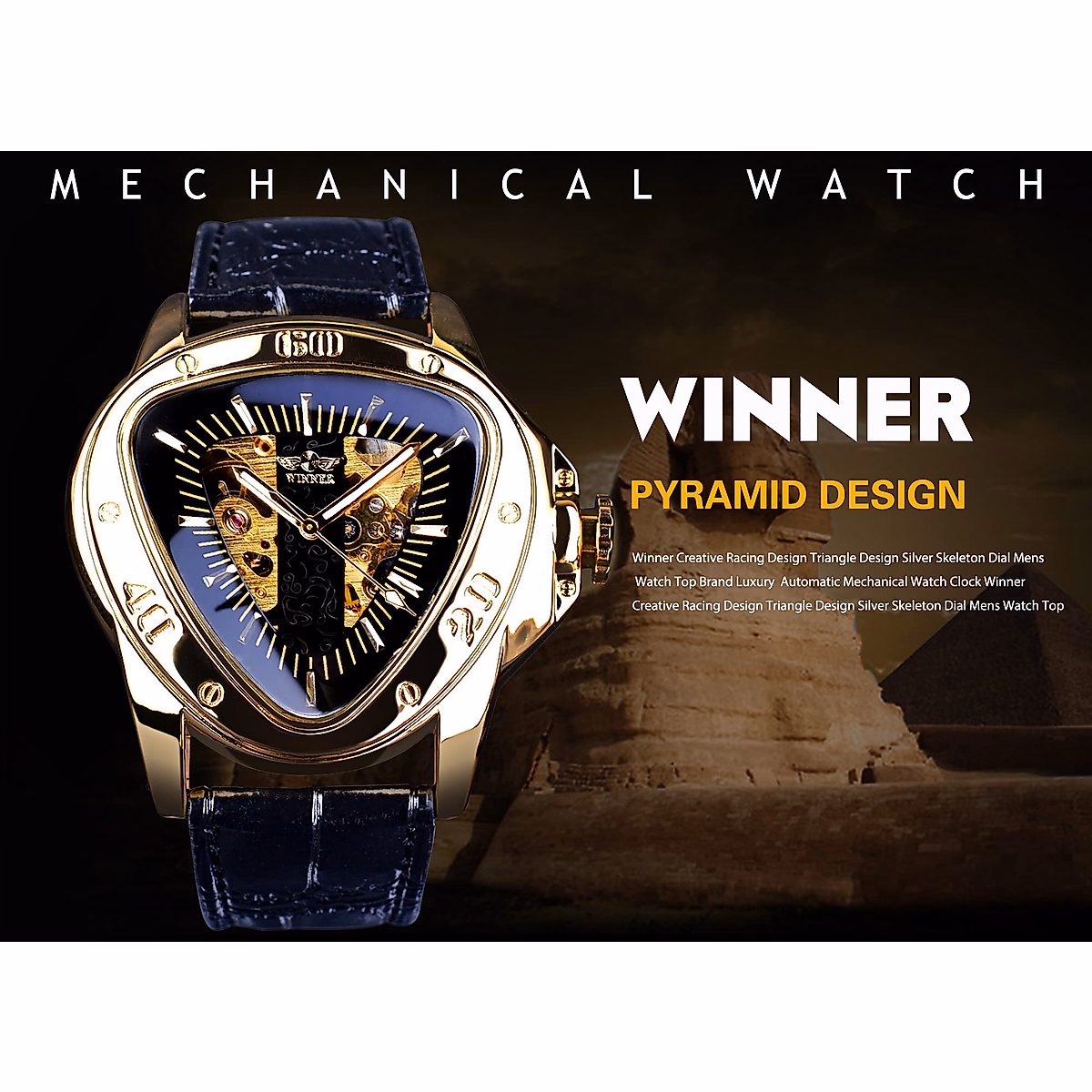 Winner Fashion Mechanical Wrist Watch Triangle Racing Dial, Waterproof Golden Skeleton Dial Automatic Movement Leather Design Mechanical Watch for Men
