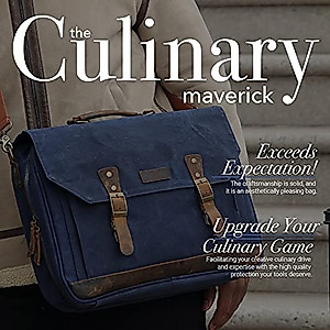 Chef Messenger Knife Bag | Waxed Canvas Chef Knife Bag | Waterproof Material | Chefs Case with 24+ Pockets for Knives & Utensils | Culinary Gifts For Chefs & Students | Sturdy Travel Chef Bag (Blue)