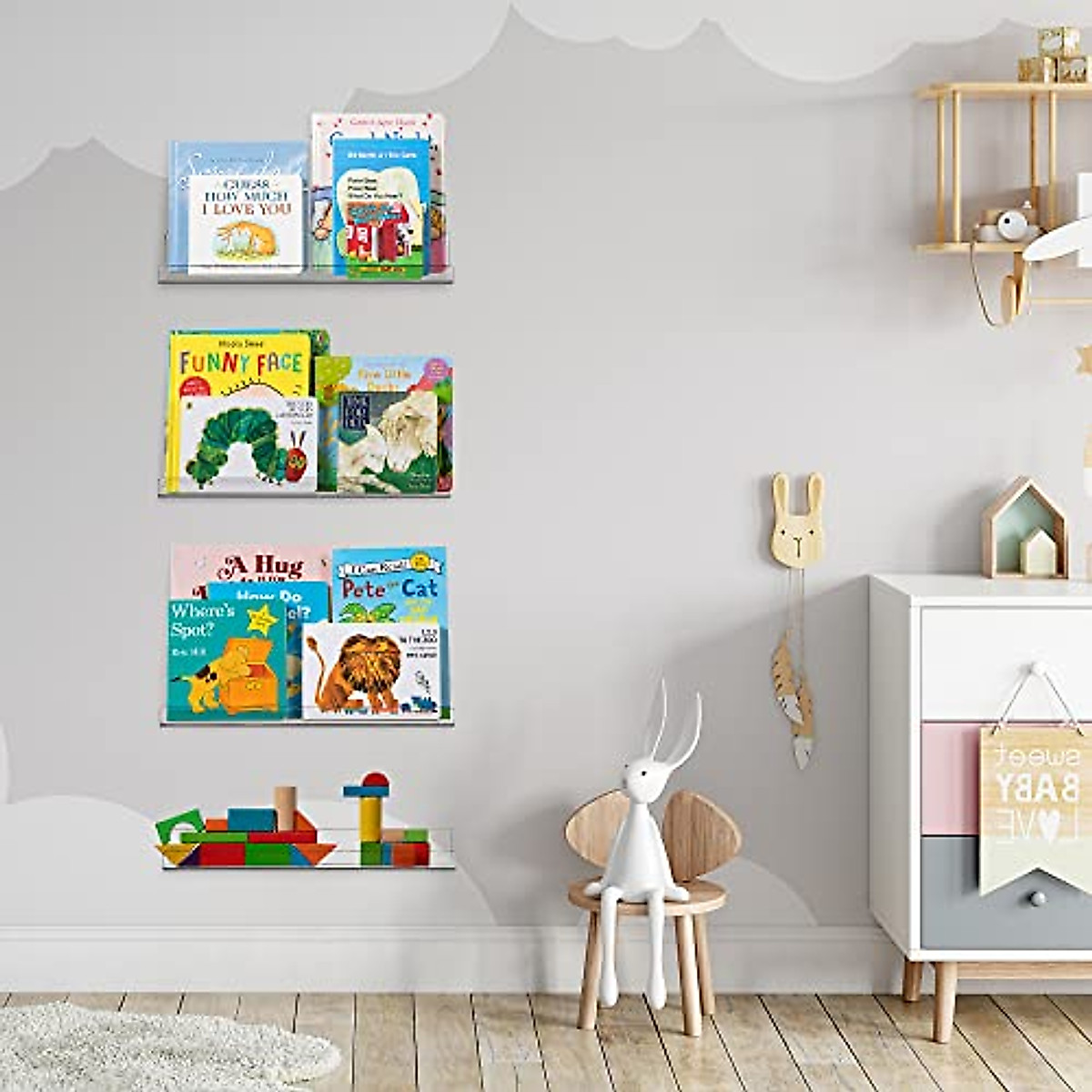 HBlife 15 Inches Invisible Wall Floating Bookshelf for Kids and Nursery, Clear Acrylic Shelves for Figures, 4 Pack (5MM Thick)