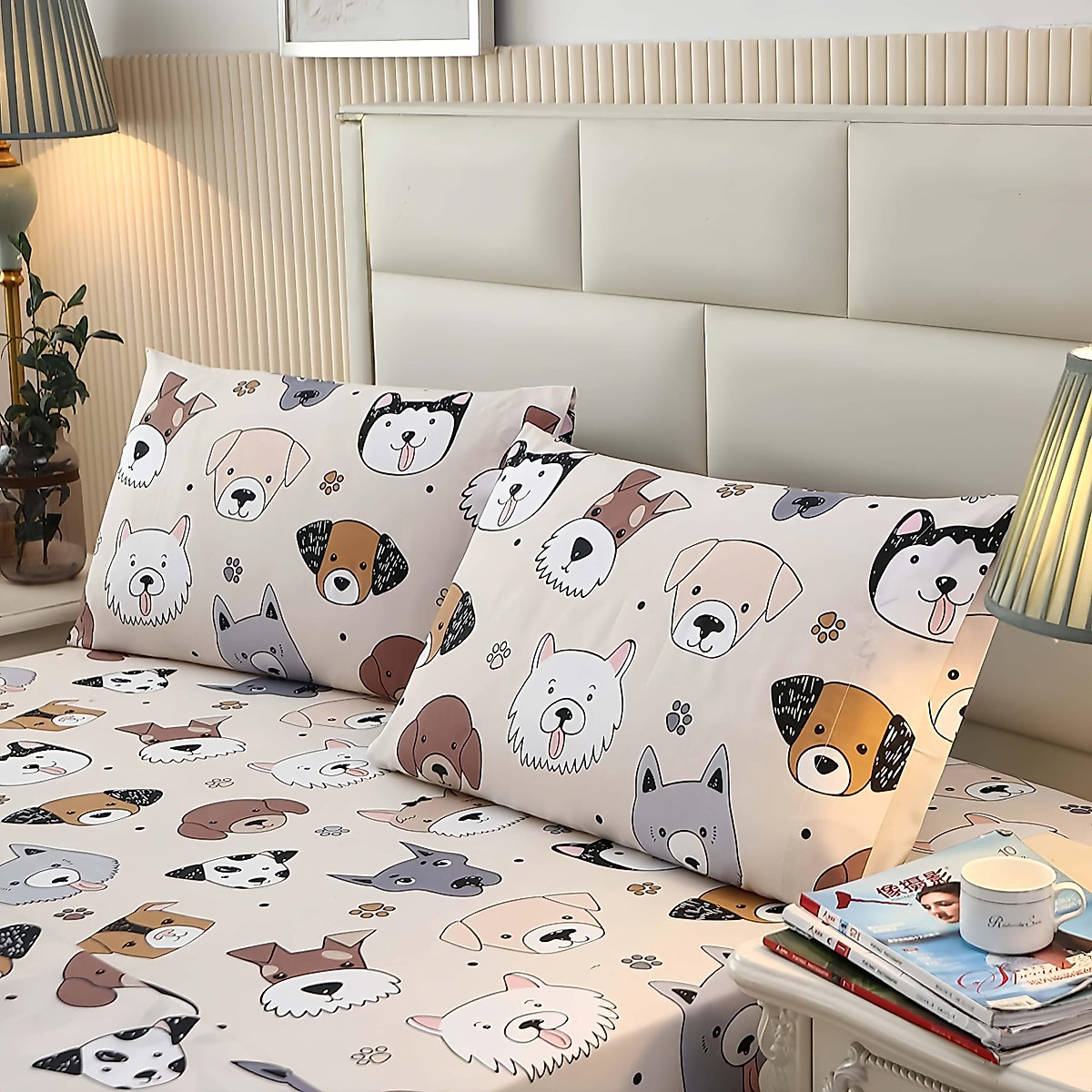 SDY 4PCS Dog Bedding Sheets Set Full Size, Cute Puppy Pattern Fitted Sheet Sets with Deep Pocket, Kawaii Bedroom Decor for Kids, Teens, Children, Baby, Boys, Girls and Animal Lovers (Dog, Full)