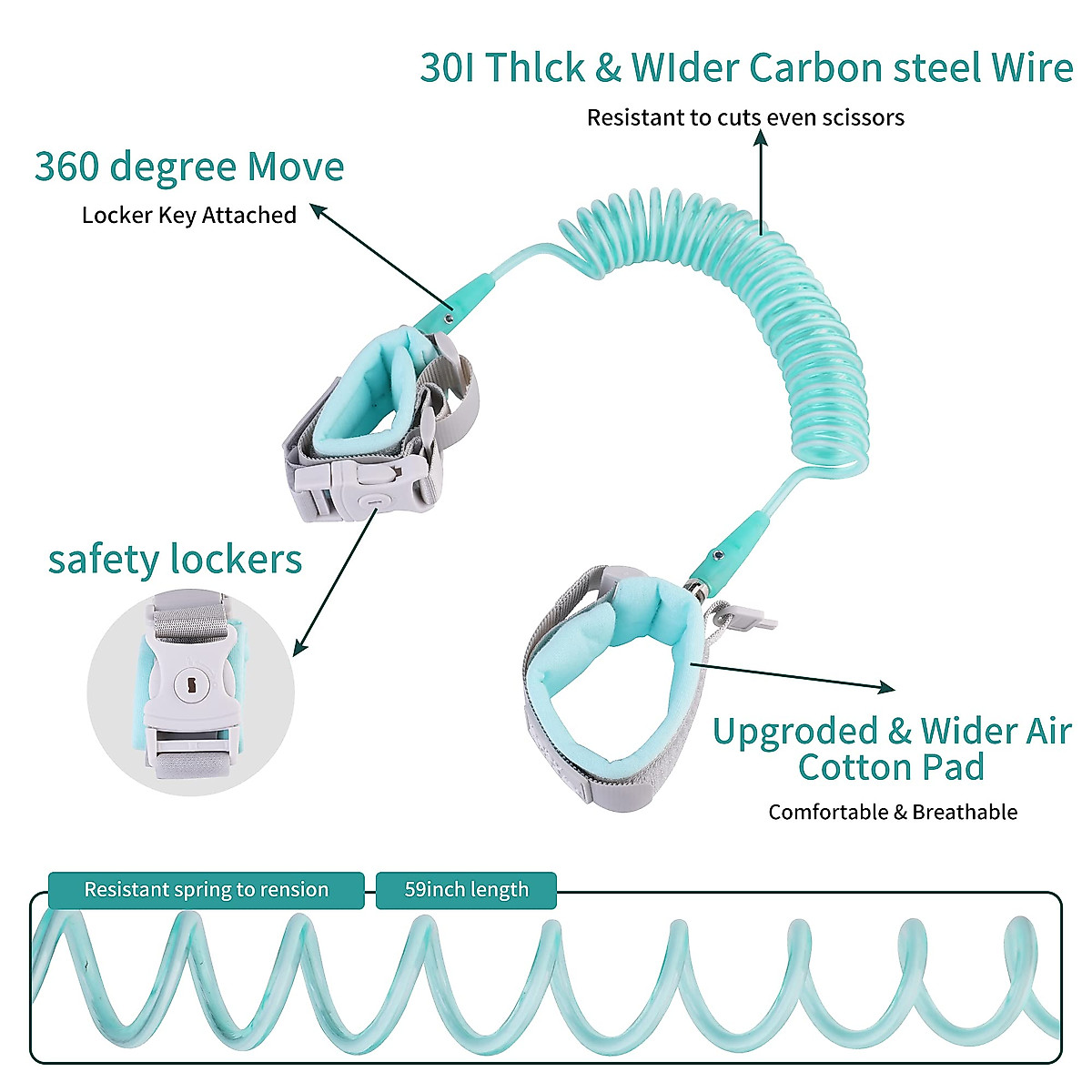 Reflective Anti Lost Wrist Link, Toddler Safety Leash with Key Lock, Safety Wrist Leash for Toddlers, Babies & Kids 8.2 Feet (Blue-2)