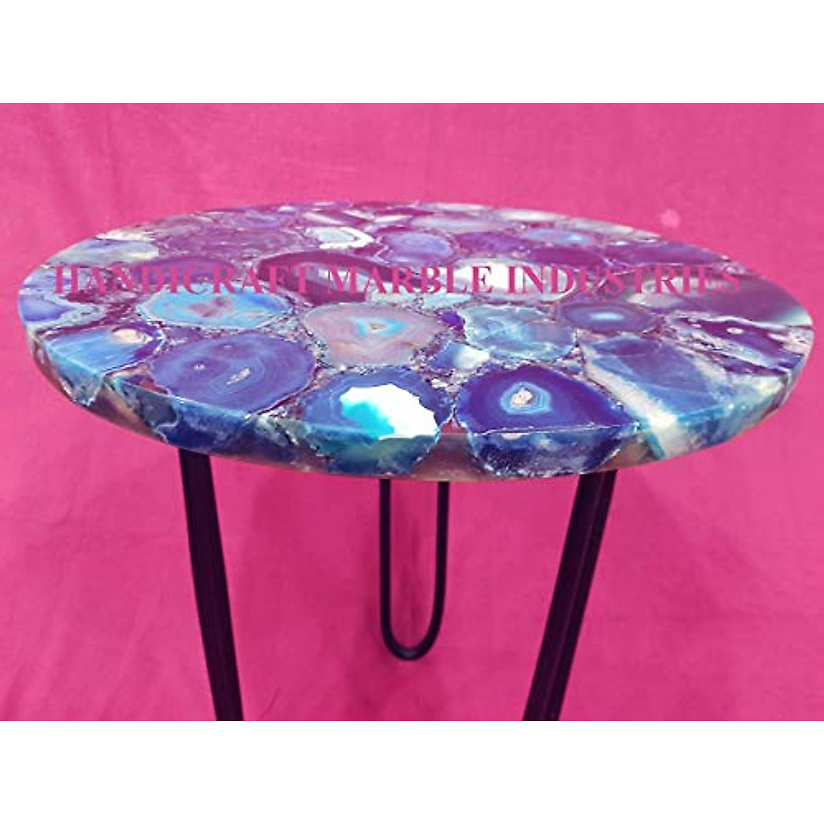 24" Inch Round Blue Agate Coffee Table with Hair Pin Style Metal Base, Agate Round Coffee Table, Agate Side Table Home Decor