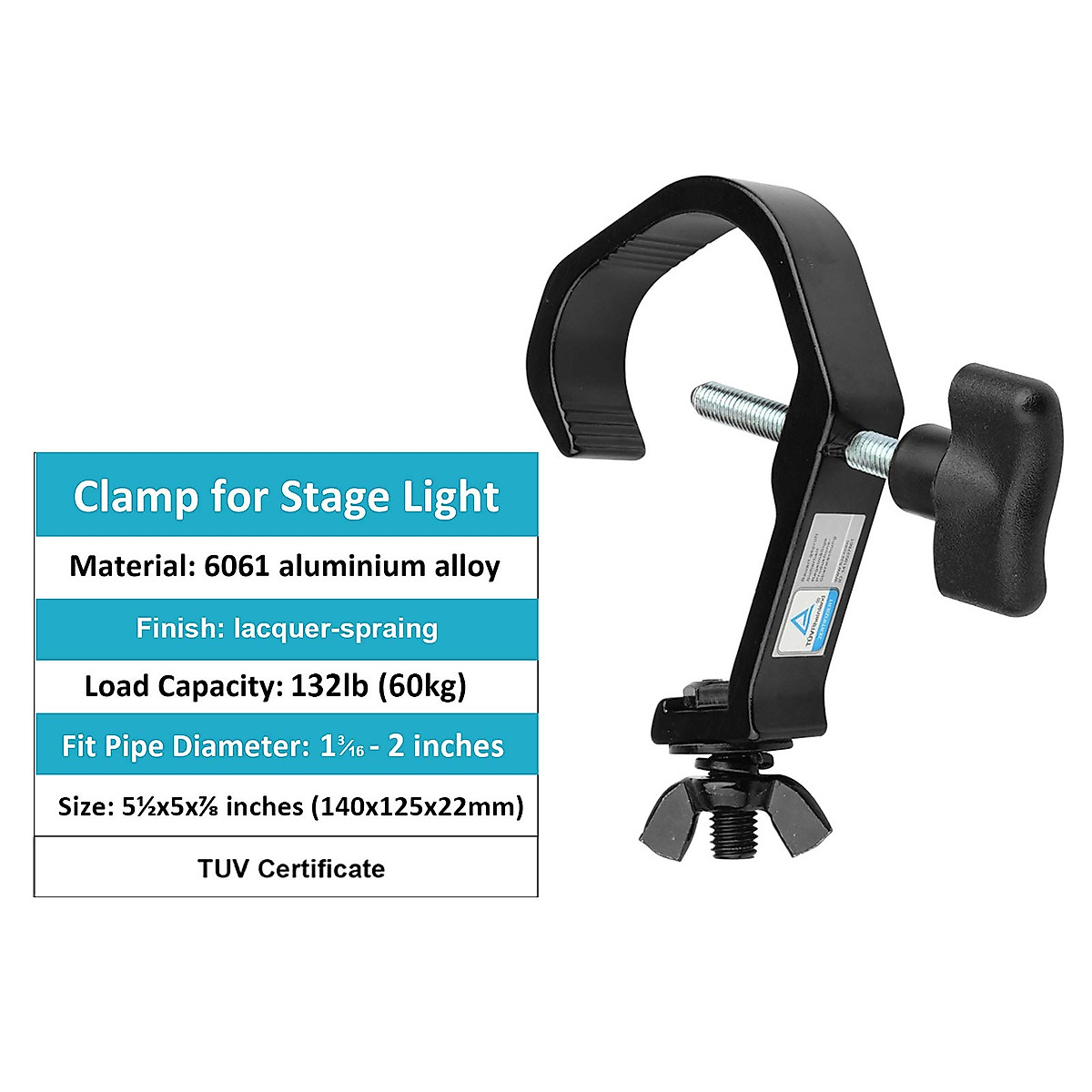 5 Pcs Black Truss Clamp Stage Lights Hook Fits Pipe OD 1.18-2"(30-51mm), Max.Load 132lb, Aluminum Alloy C Clamp for DJ Lighting Moving Head Spotlight, TUV certified
