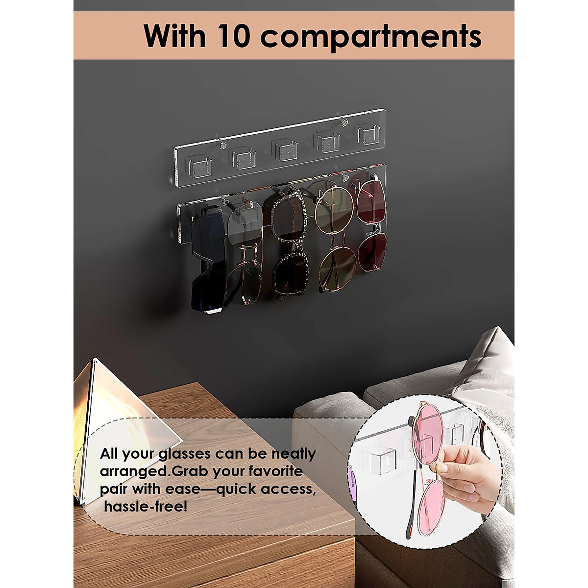 collwait 2 Pack Sunglass Organizer Sunglass Holder for Wall, Sunglasses Storage Organizer, Acrylic Sunglass Display Sunglasses Rack, Wall Mounted Sunglass Holder for Hanging Your Multiple Eyeglasses