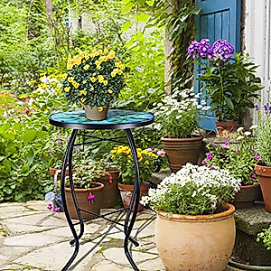 VCUTEKA Patio Side Table Outdoor Coffee Table Mosaic Accent Table Round Small End Table Bistro for Living Room Porch Balcony Backyard Garden Peacock Feather