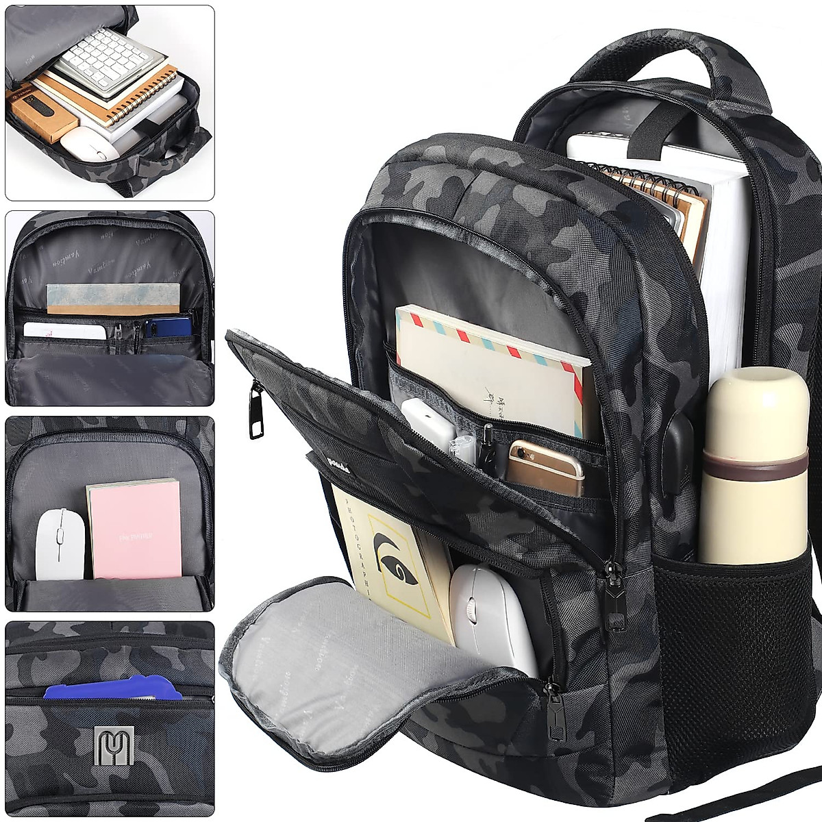 Paude 17 inch Travel Business Backpack for Men,College Backpack School Bookbag for Teens,Laptop Bookbag with USB Port and Headphone Hole,Camouflage Black