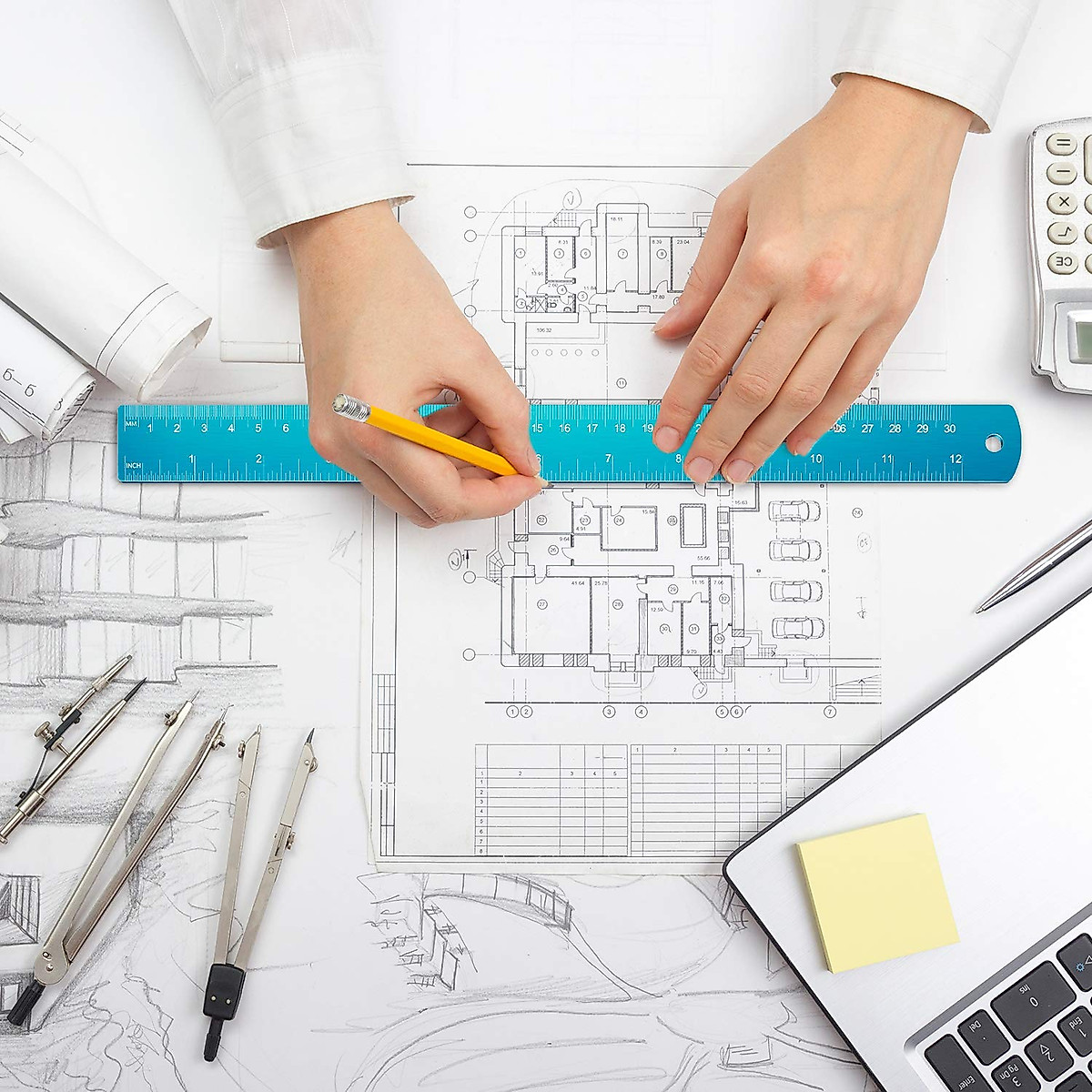 Stainless Steel Ruler and Metal Rule Kit with Conversion Table (Blue, 12 Inch, 6 Inch)