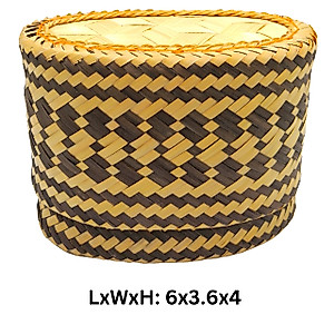 Bamboo Sticky Rice Serving Basket 6 x 3.7 Inch, Kratip, Intricately Woven Container, Oval-Shaped Pattern, Thailand Handmade, Dyed with Natural Based Black Charcoal (Mini Heart) (Double Square)