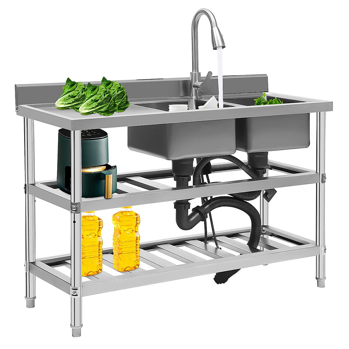 Stainless Steel Commercial Kitchen Sink Set, 47.2" x 17.7" x 31.5" Double Kitchen Sinks Free Standing Prep & Utility Restaurant Garage Kitchen Sink for Restaurant, Kitchen