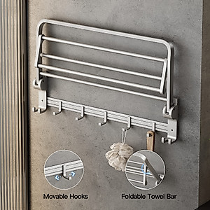 24 Inch Towel Rack with Towel Bar Holder Foldable Towel Shelf with Movable Hooks Rustproof Towel Storage Wall Mount for Bathroom Lavatory Silver