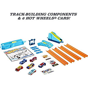 Hot Wheels HW Celebration Box Complete Starter Set with 6 1:64 Scale Cars, Track, Connectors, 4-Speed Launcher, Ramps, Activity Page & Stickers, Gift for Kids 4 Years Old & Up