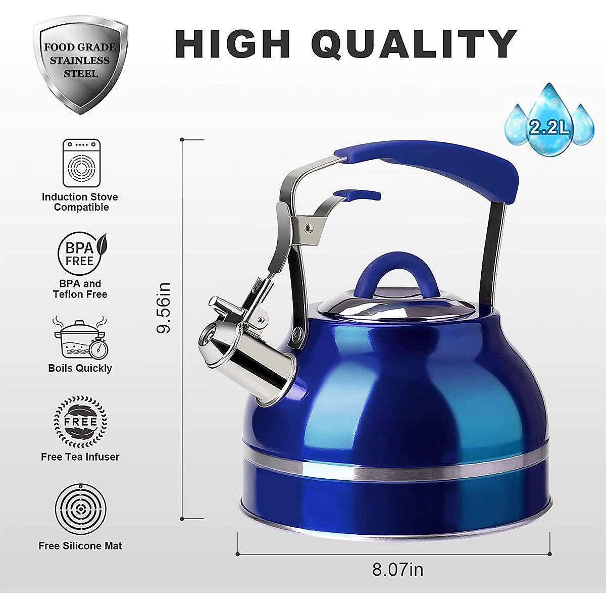 Secura Whistling Tea Kettle, 2.3 Qt Hot Water Kettle, Stainless Steel Tea Pot for Stovetops, Blue Teakettle, Tea Infuser with Silicone Handle, Silicone Trivets Mat