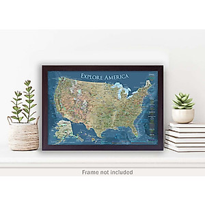 National Parks Poster Map with terrain and USA Interstates, All NPS Sites, Landmarks, Highest Peak by State Poster - 24x18 inch Map - Explore America - Voyager Edition