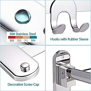 HOONEX Foldable Towel Rack for Bathroom Wall Mounted, 24-Inch Towel Shelf with Towel Hooks and Adjustable Towel Bar, 304 Stainless Towel Holder, Polished Silver