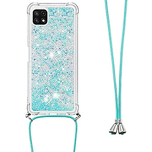HOUSON for Samsung Galaxy A22 5G Case, Moving Liquid Holographic Sparkle Glitter Case with Crossbody Lanyard Strap, Girls Women Bling Diamond Ring Slim Protective Case for Galaxy A22 5G Blue