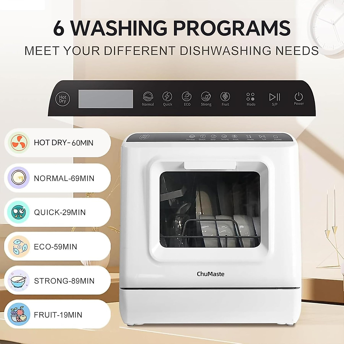 ChuMaste countertop dishwasher, portable dishwasher with water tank, 5 wash programs, leak-proof and can also be connected to the tap. For apartments, dorms, offices, boats, RVs, kitchenettes.