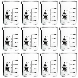 EISCO Premium 250 mL Beakers, Pack of 12 - Low Form Griffin - 50mL Graduations - Borosilicate Glass - Excellent Strength Against Breakage
