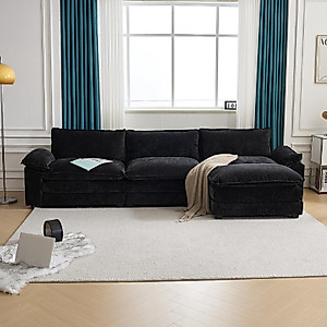 Karl home Sectional Sofa Modular Deep 3-Seat Sofa Couch with Ottoman, Chenille Sofa Sleeper Comfy Upholstered Furniture for Living Room, Apartment, Studio, Office, Black