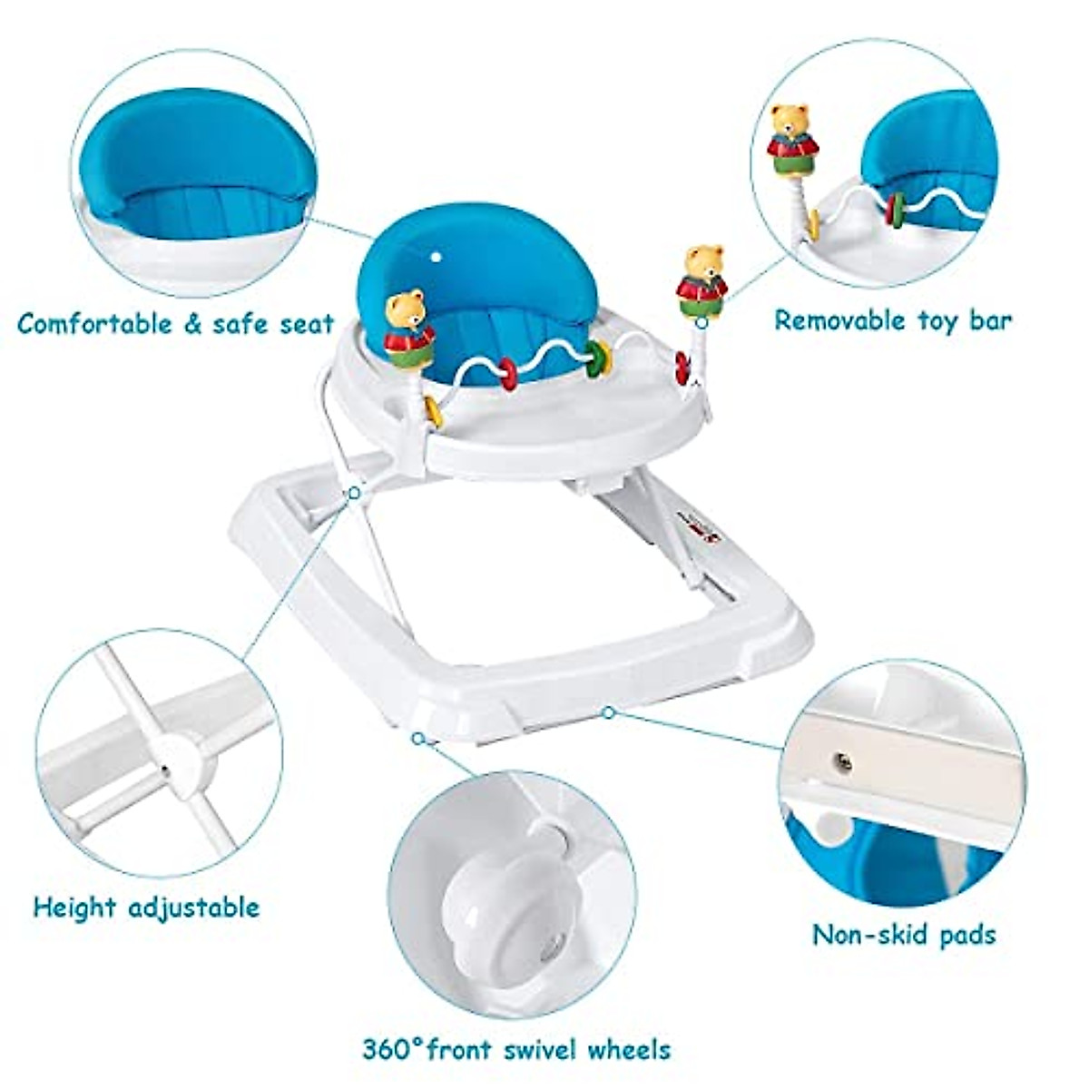 INFANS Foldable Baby Walker, Toddler Activity Walker Helper with Adjustable Height, Safety Belt, High Back Padded Seat for Kids Boys and Girls (Light Blue)