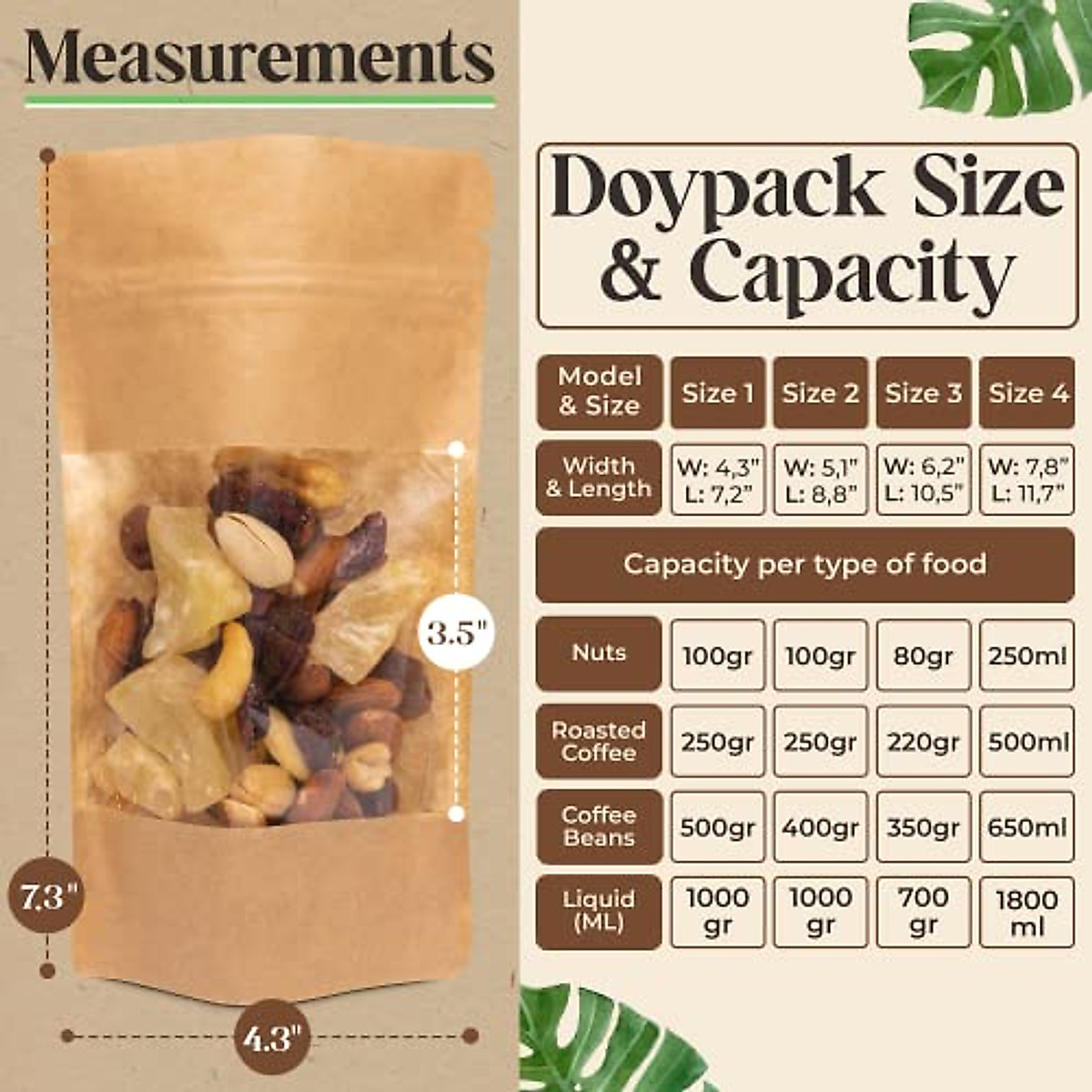 Kraft Stand Up Pouches, Zip Lock Storage; Packaging Bag, Food Storage Bags, Reusable Ziplock Bags with Window (20 x 30 cm (7.8x11.7 inch)-60.86 OZ, Kraft)